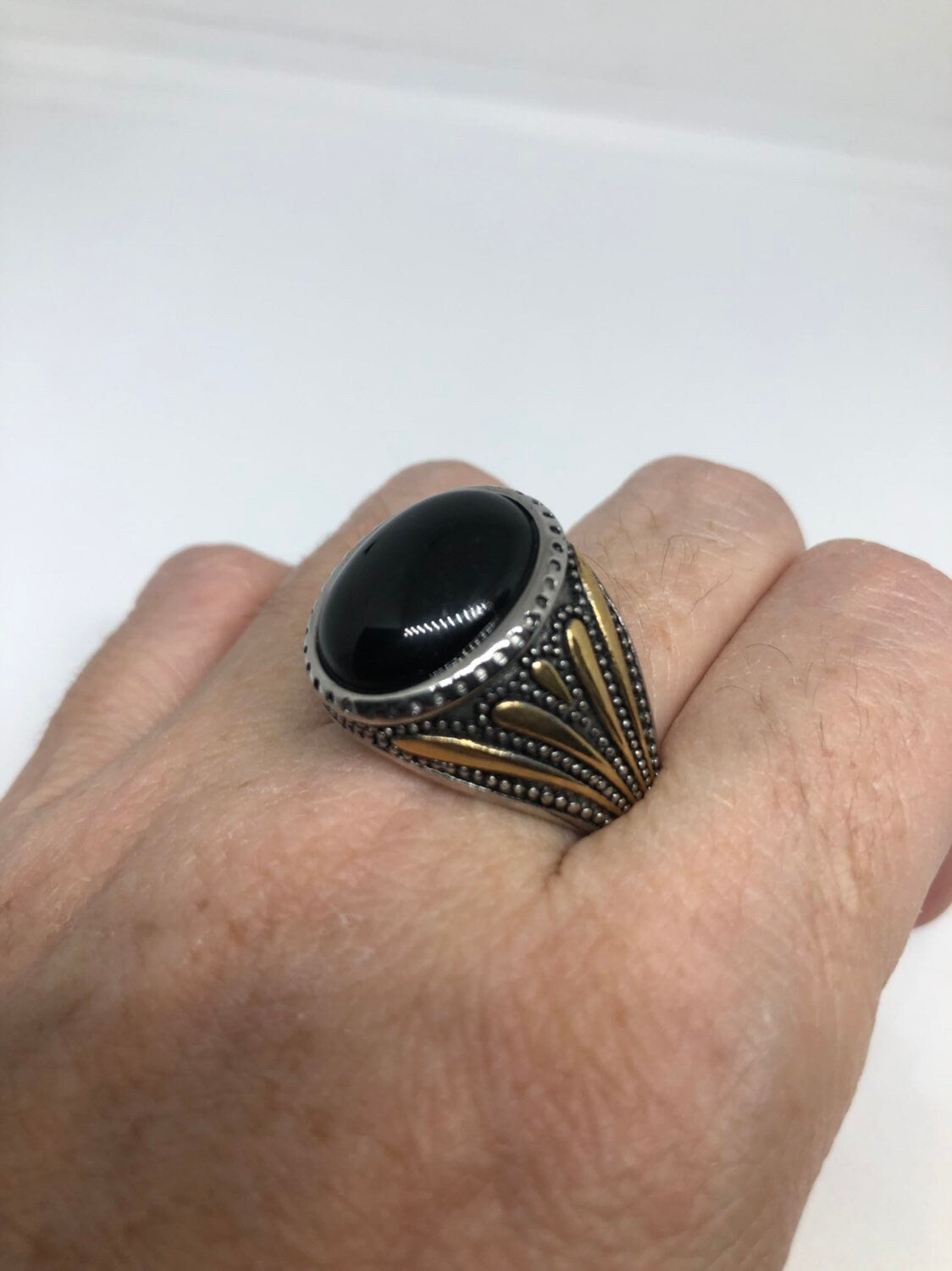 Vintage Gothic Black Onyx Stainless Steel Mens Ring – Nemesis Jewelry NYC